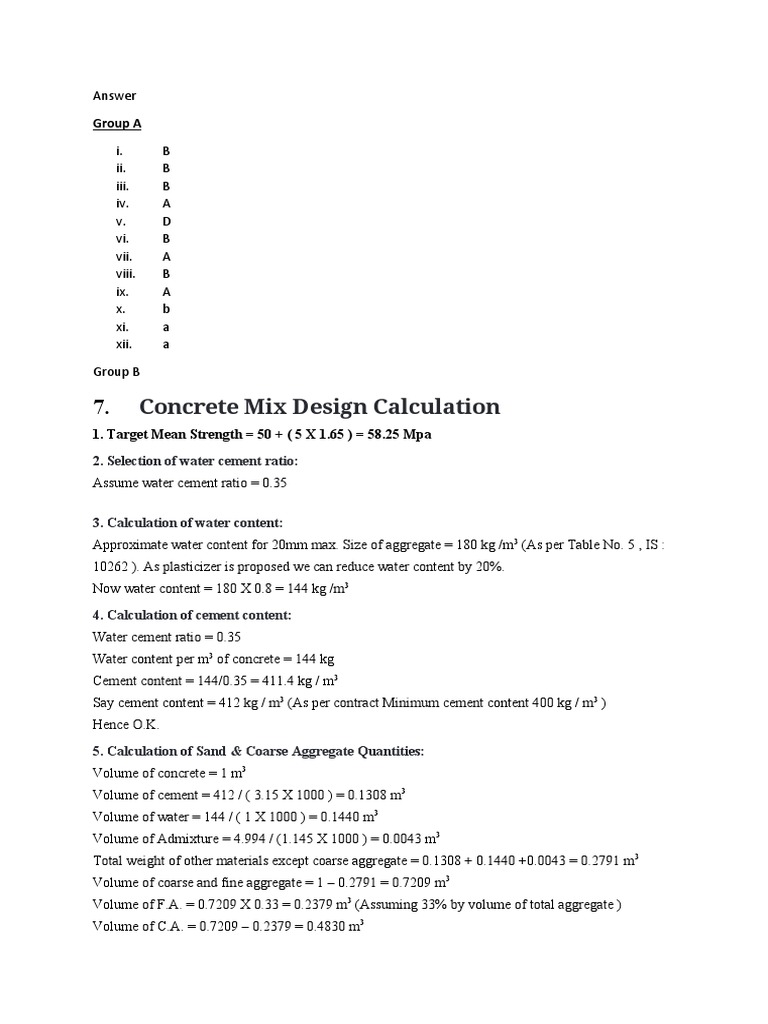 Concrete Mix Design Calculation: Group A | PDF