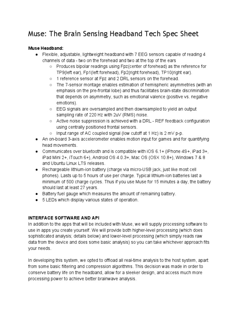 Muse Headband Tech Specifications | PDF | Electroencephalography | Ios