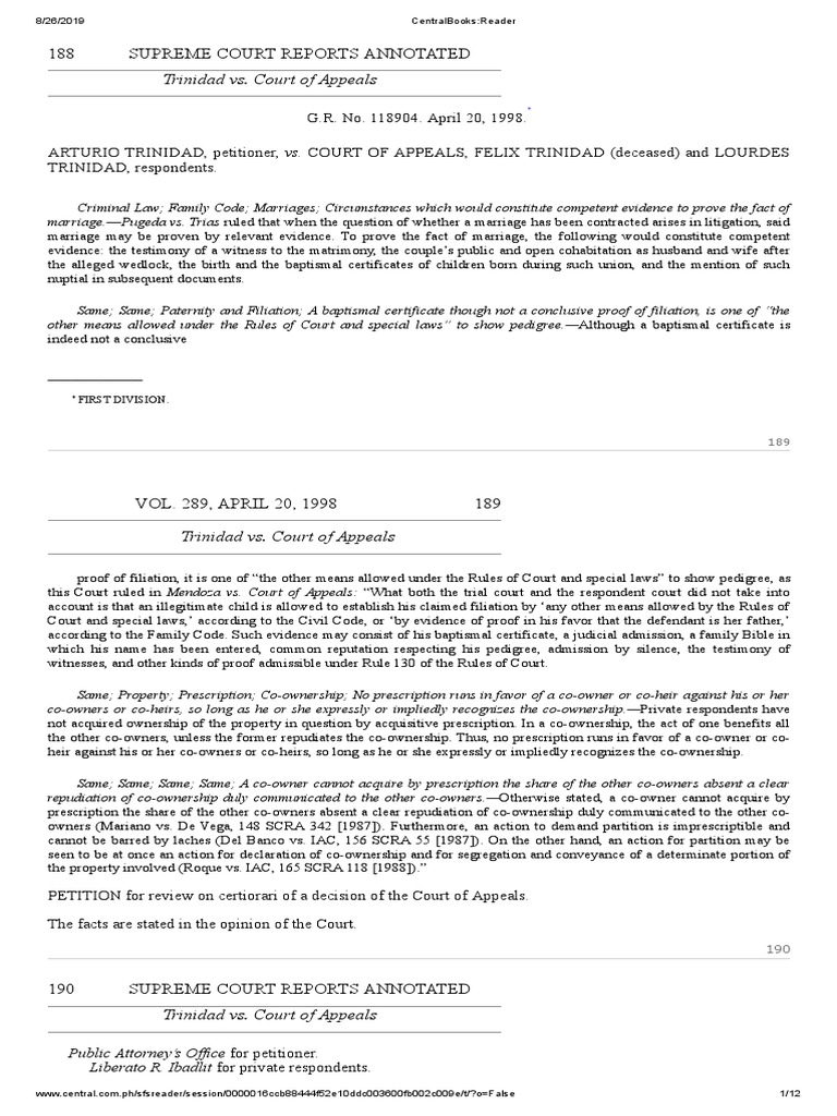 CentralBooks: Evidence of Marriage and Filiation in Property Dispute ...