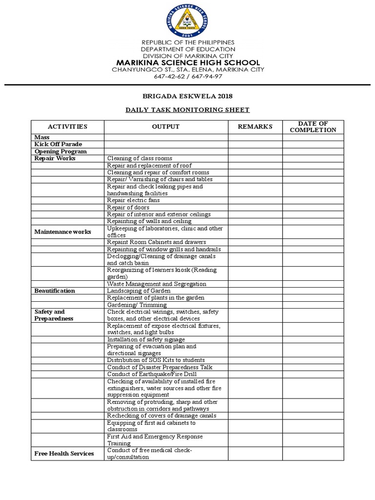 Brigada Eskwela 2018 Daily Task Monitoring Sheet | PDF | Nature