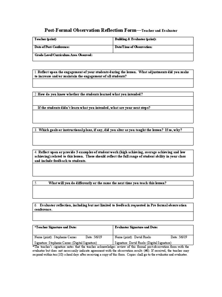 Post Observation Reflection Form | PDF