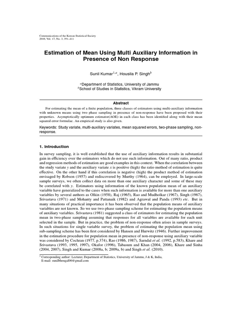 Estimation Of Mean Using Multi Auxiliary Information In Presence Of Non Response Download Free