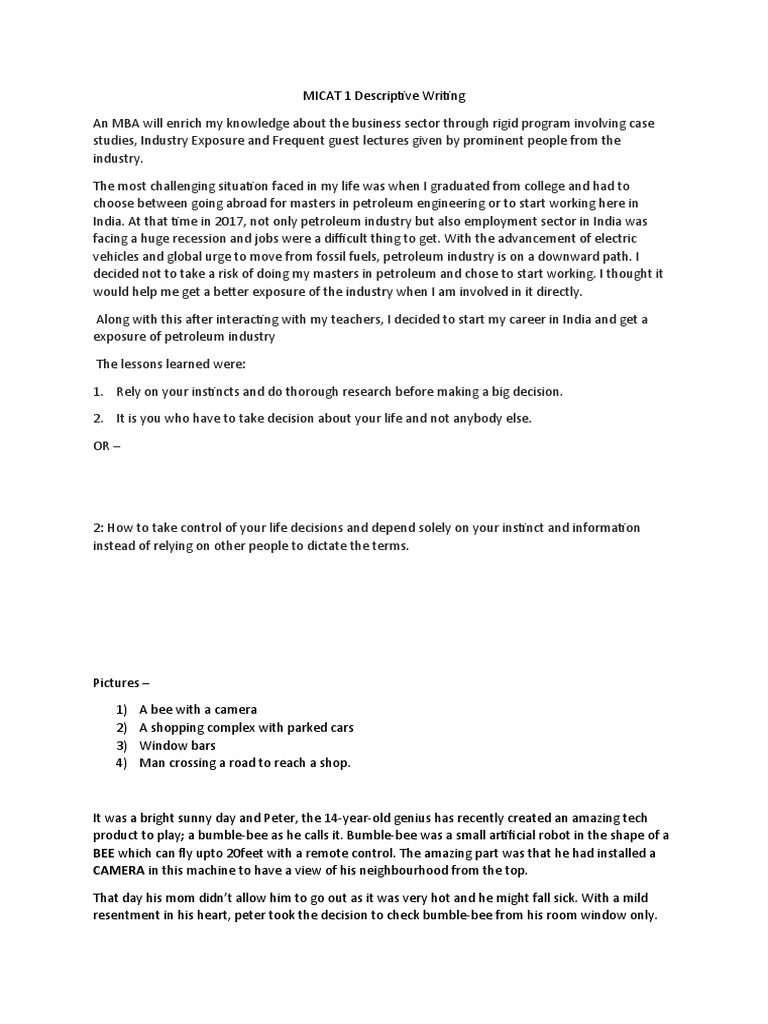MICAT 1 Descriptive Writing | PDF