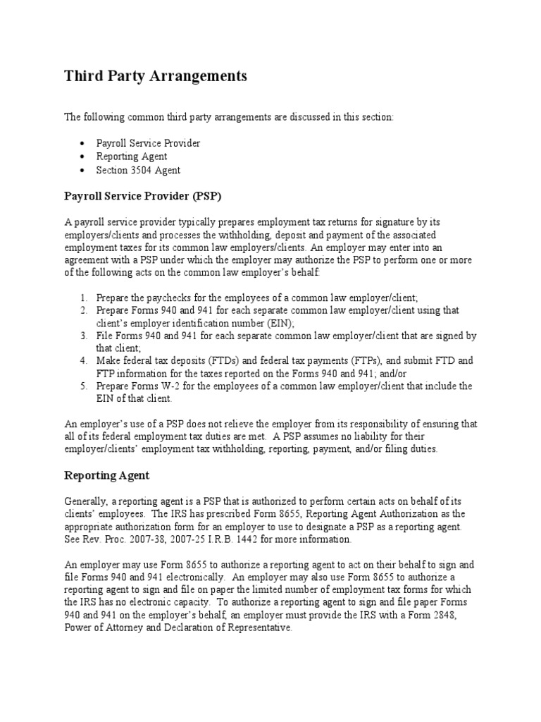 Third Party Arrangements: Payroll Service Provider (PSP) | PDF ...