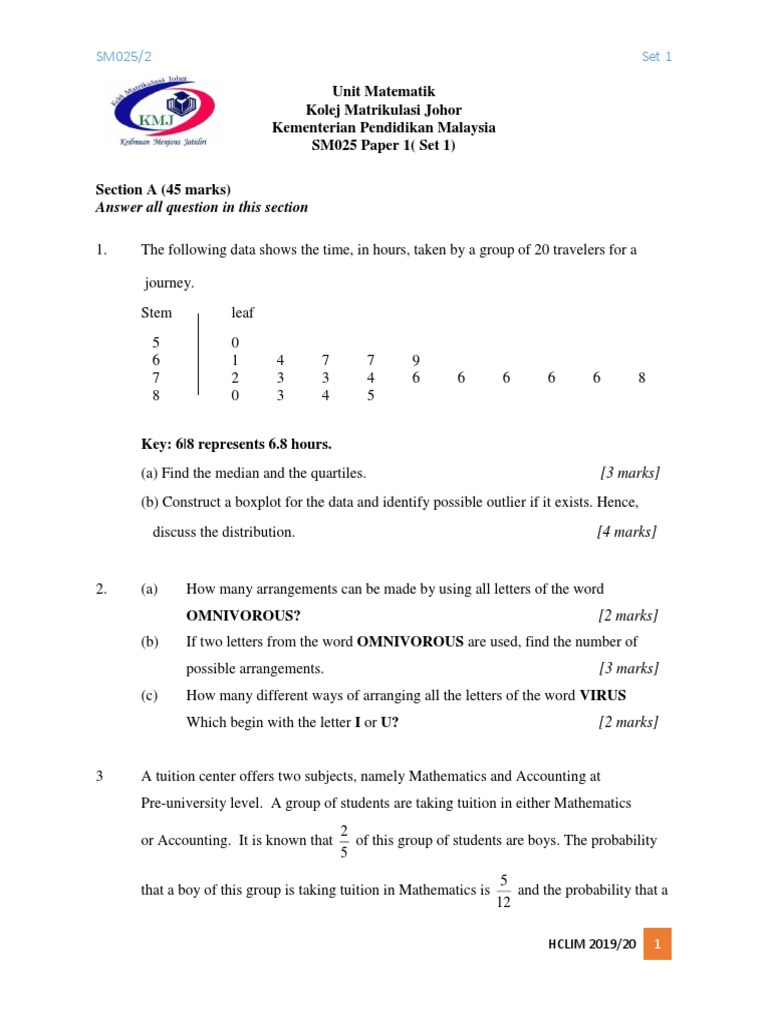 Kmj Sm025 2 Set 1 Qs Final Ans Pdf Pdf Skewness Probability