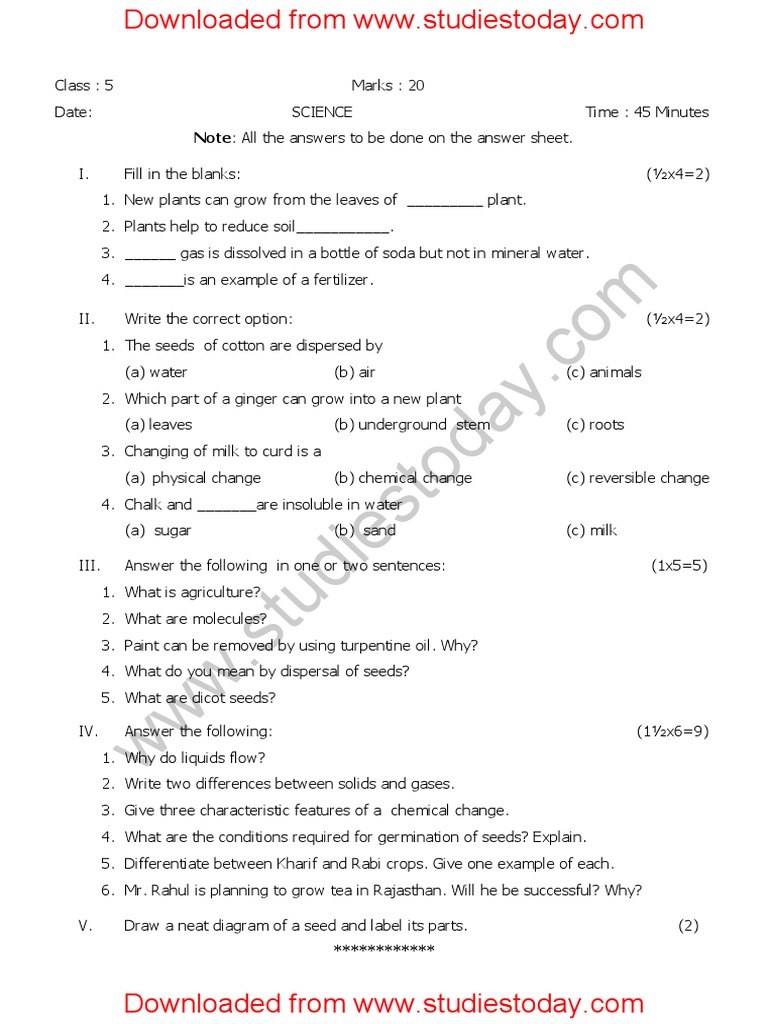 CBSE Class 5 Science Question Paper Set F PDF | PDF | Seed | Plants