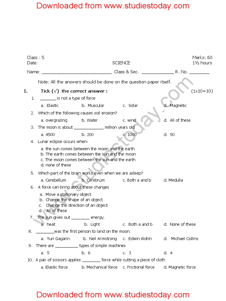 CBSE Class 5 Science Question Paper Set A PDF | PDF | Moon | Senses