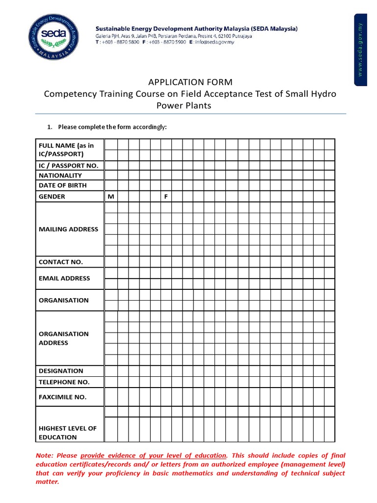 Application Form Competency Training Course On Field Acceptance Test of ...
