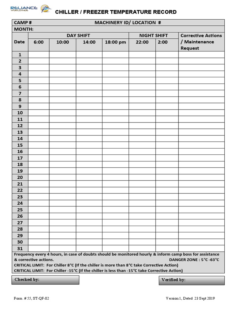 55 Chiller Freezer Temp Log ST-QF-02, Ver 2, 23 Sept 2019 | PDF