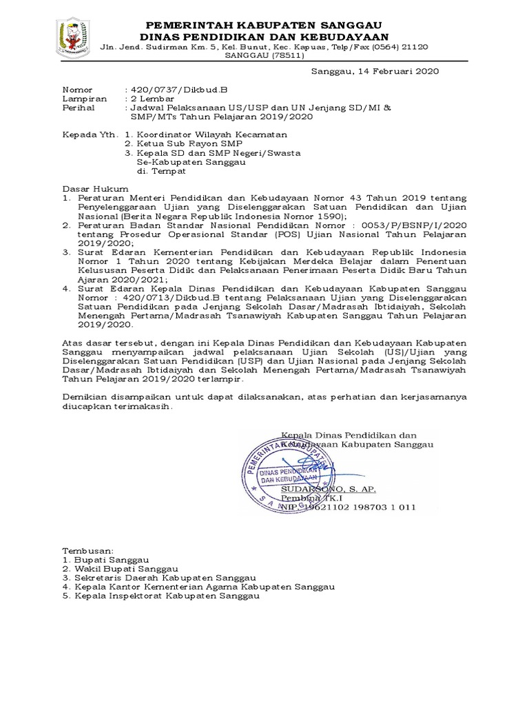 Surat Edaran Jadwal Ujian SD - MI & SMP - MTs TP 2020 | PDF