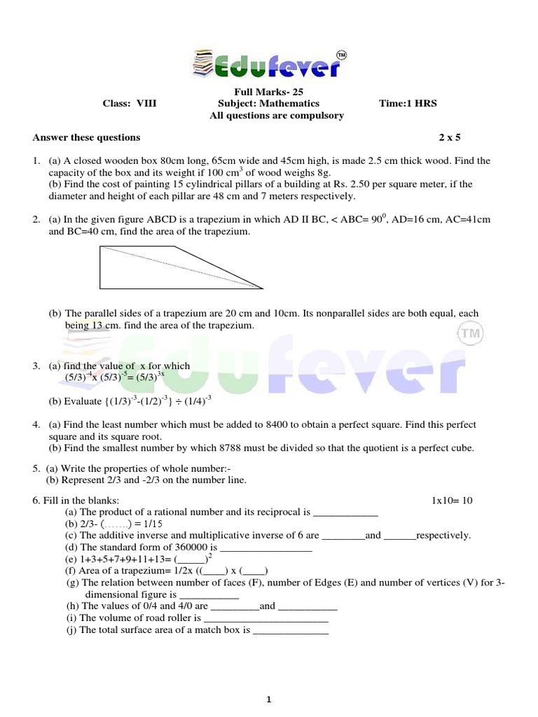 Full Marks-25 Class: VIII Subject: Mathematics Time:1 HRS All Questions ...