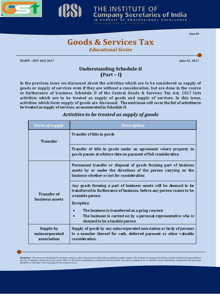 Goods & Services Tax: Understanding Schedule II (Part - I) | PDF ...