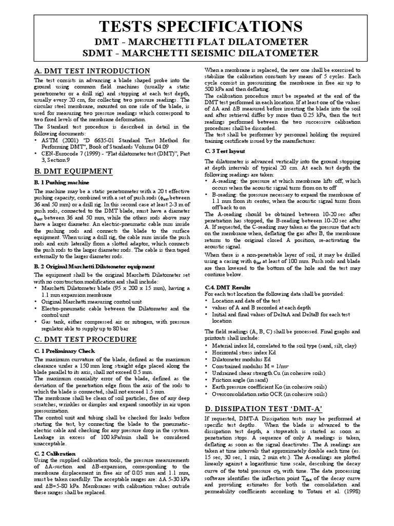 Tests Specifications: DMT - Marchetti Flat Dilatometer SDMT - Marchetti ...