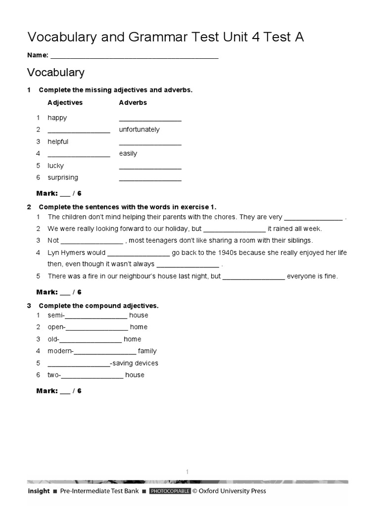 Vocabulary + Grammar Unit 4 Test A | PDF | Adverb | Linguistic Typology
