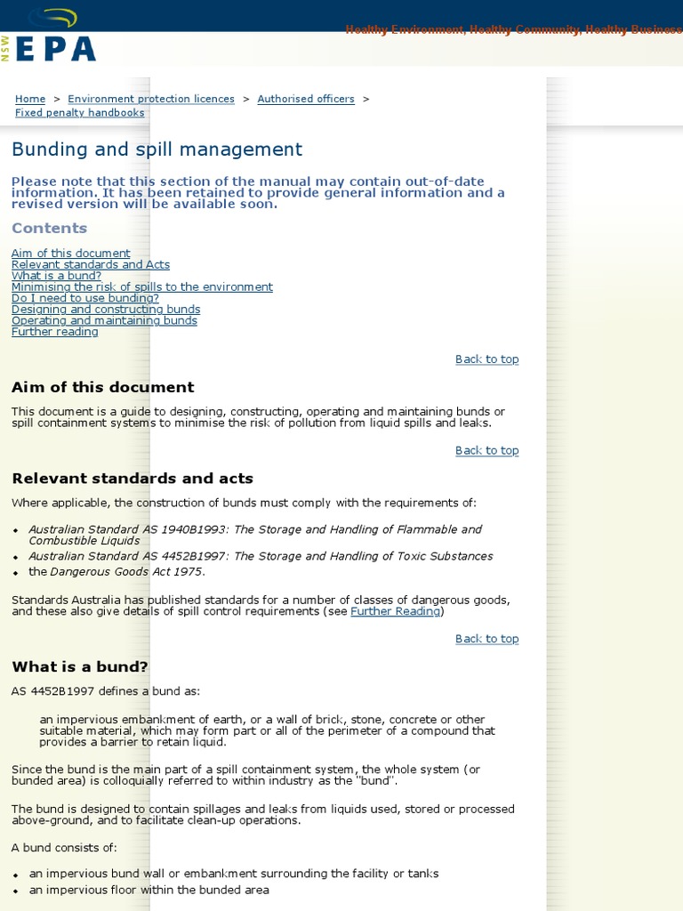 Bunding and Spill Management - NSW EPA | PDF | Dangerous Goods | Water ...