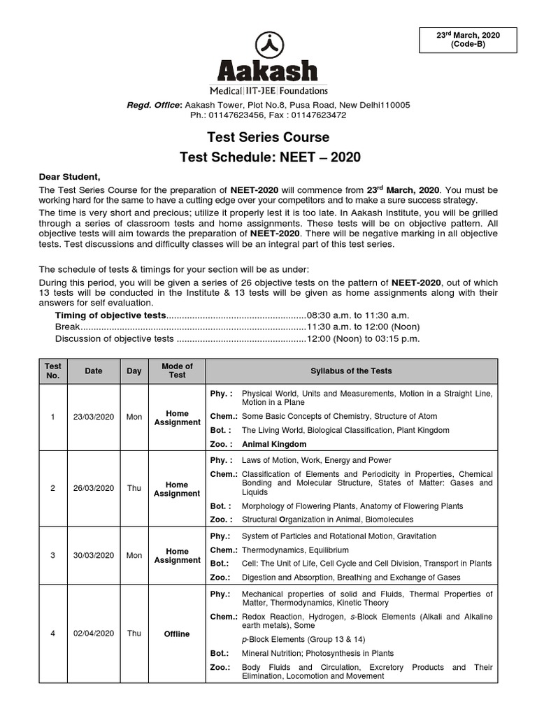 Test Series Course Test Schedule: NEET - 2020: Regd. Office: Aakash ...