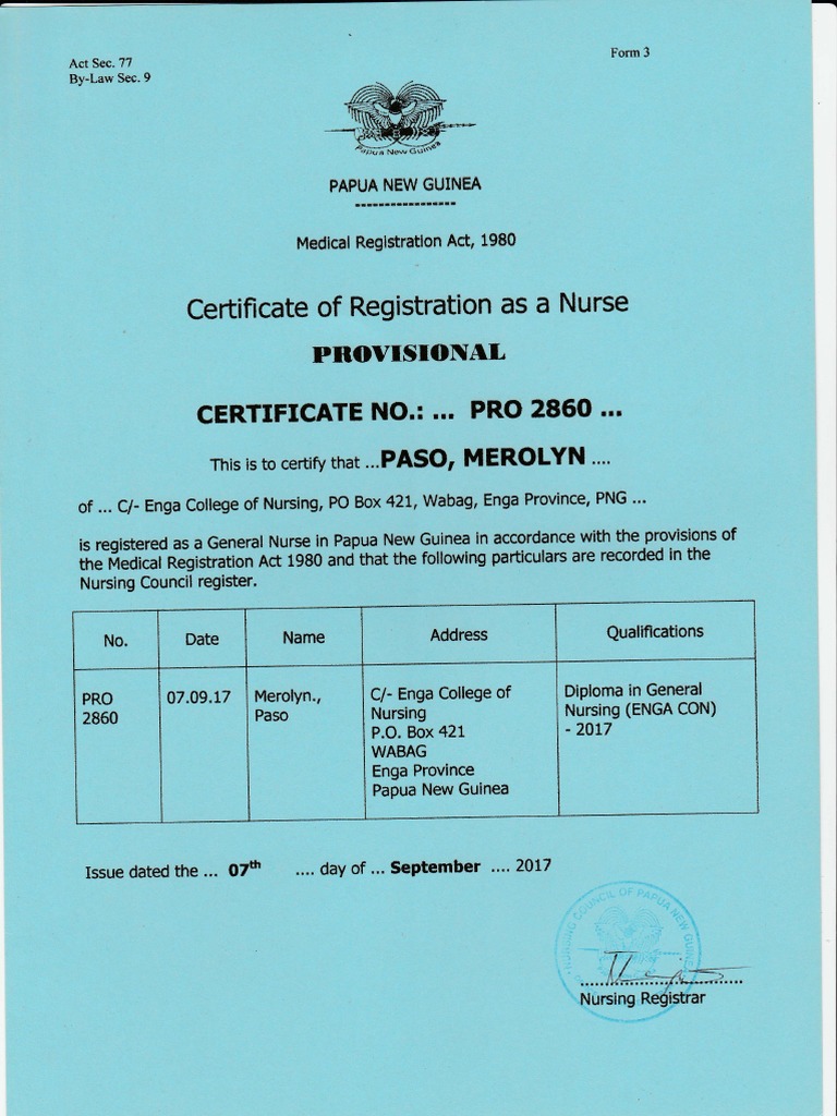 Certificate Registration Pnovisio1Tal NO.l: Nurse | PDF