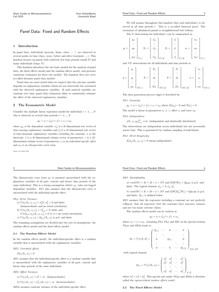 Panel Data: Fixed and Random Effects: I1 0 I1 0 I I1 | PDF | Ordinary ...
