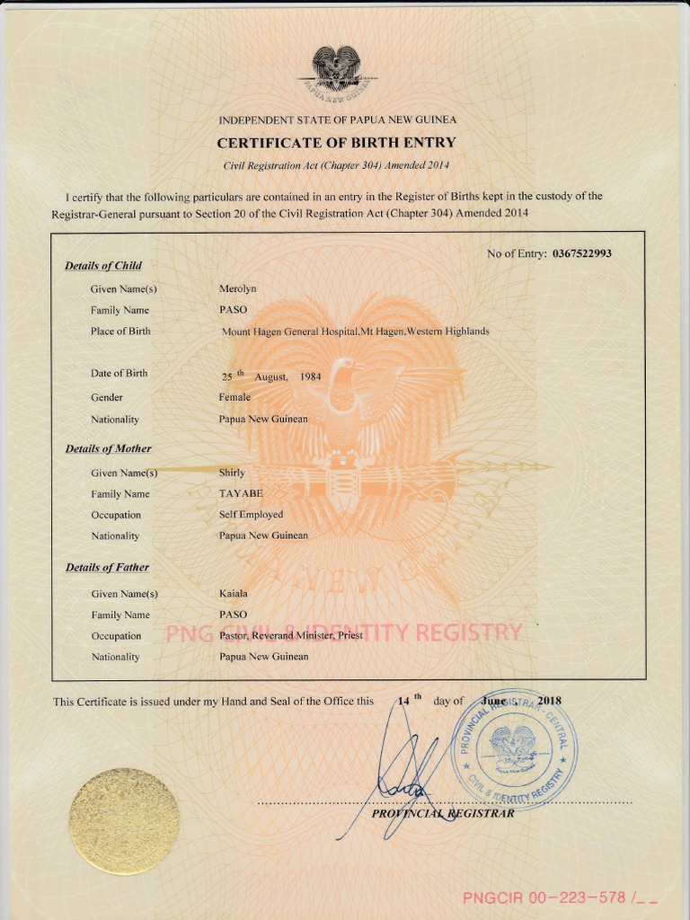 Certificate of Birth for Merolyn Paso, Born in Mount Hagen General ...
