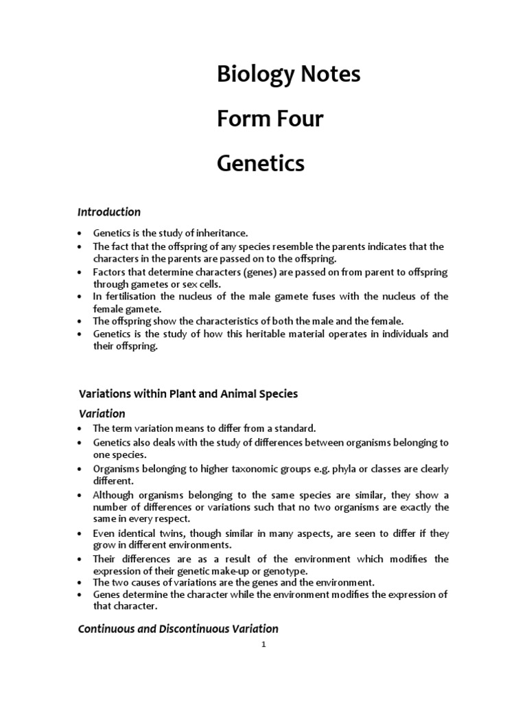 Biology Notes Form Four Genetics: Variations Within Plant and Animal ...