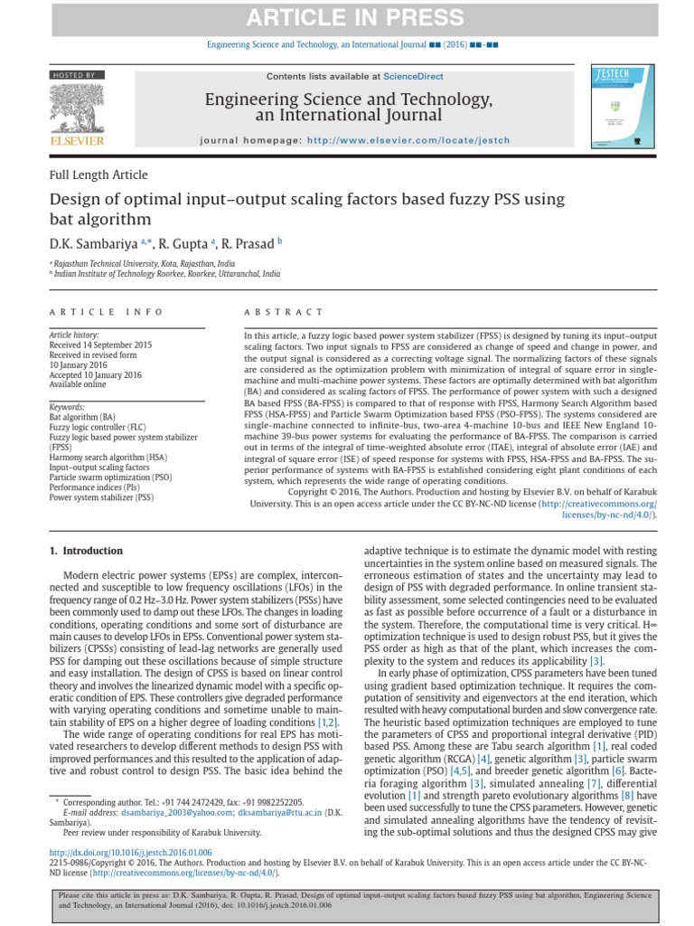 (2016) Design of Optimal Input-Output Scaling Factors Based Fuzzy PSS Using Bat Algorithm ...