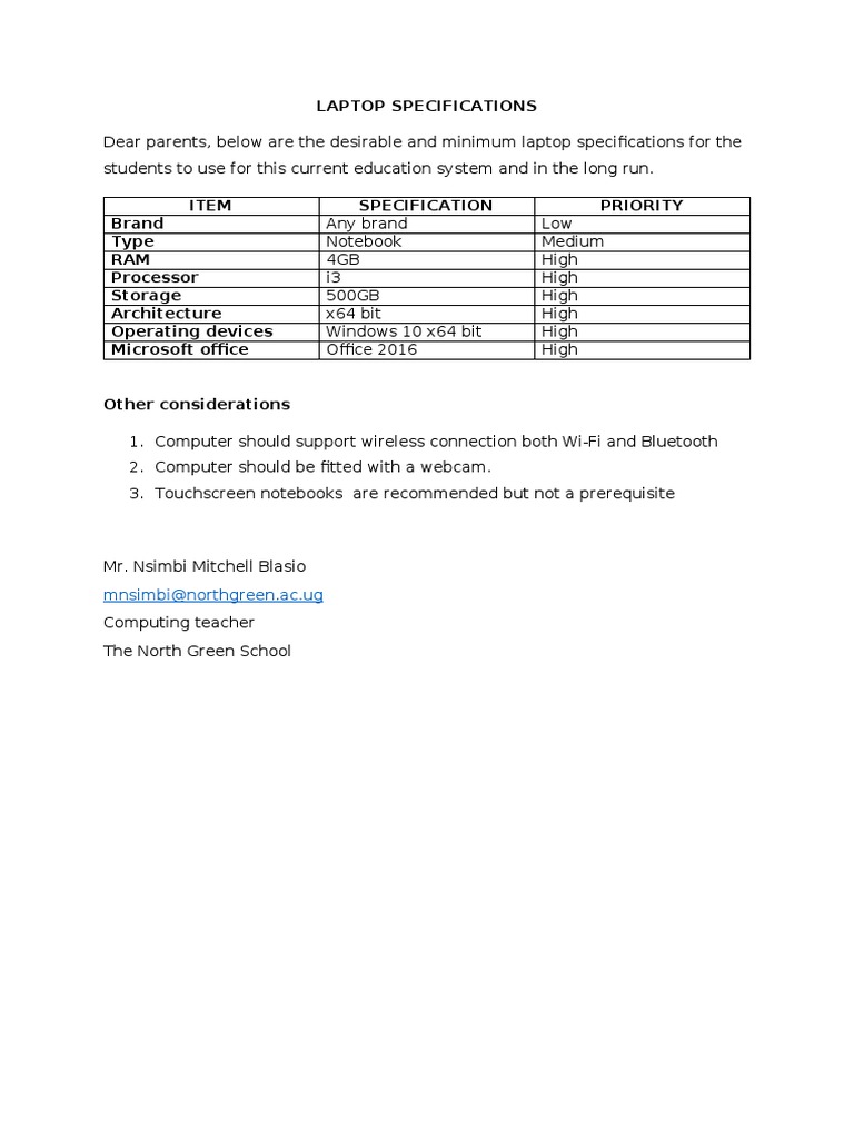 Student Laptop Specifications Guide | PDF