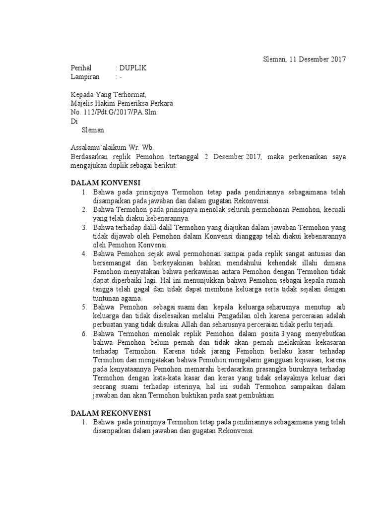 Contoh Duplik Konvensi Dan Replik Rekonvensi | PDF