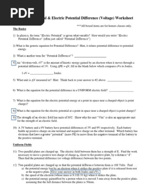 Fields And Potential Energy Worksheet Key