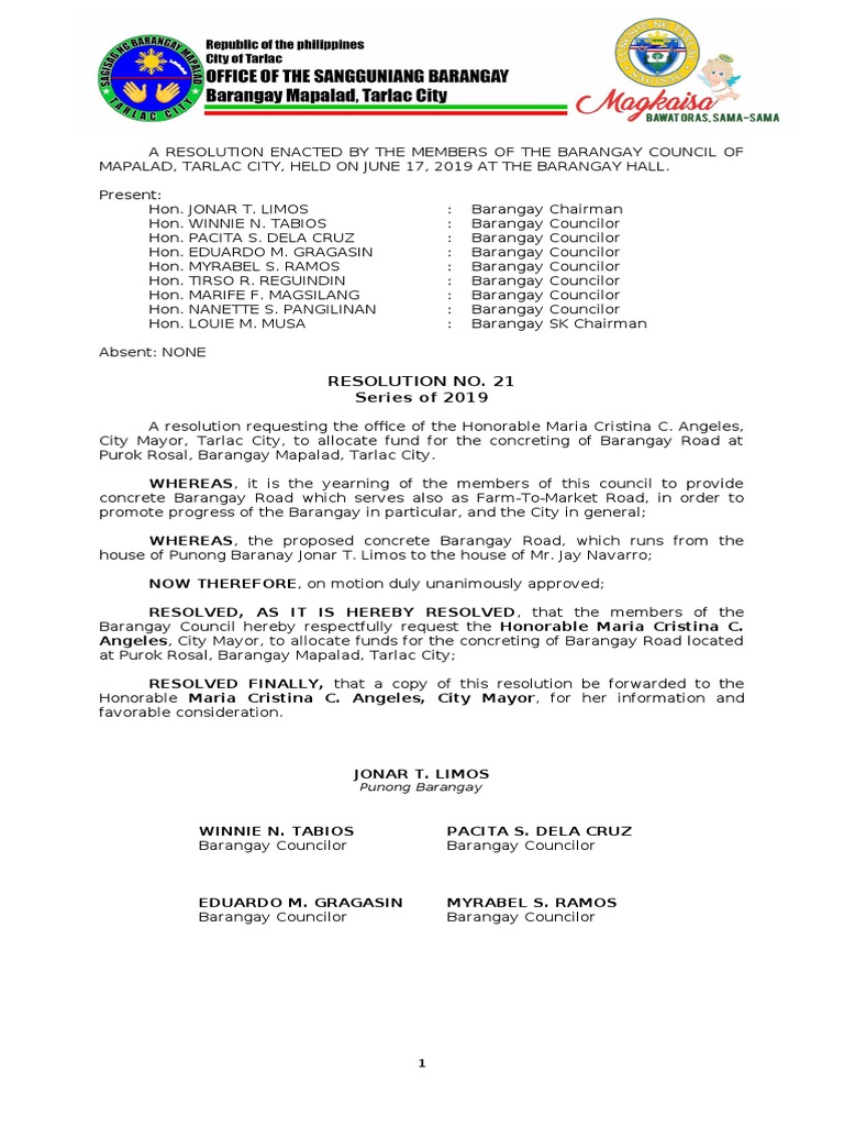 Brgy Mapalad Resolution No. 21 1M Fund For Road Concreting | PDF | Violence