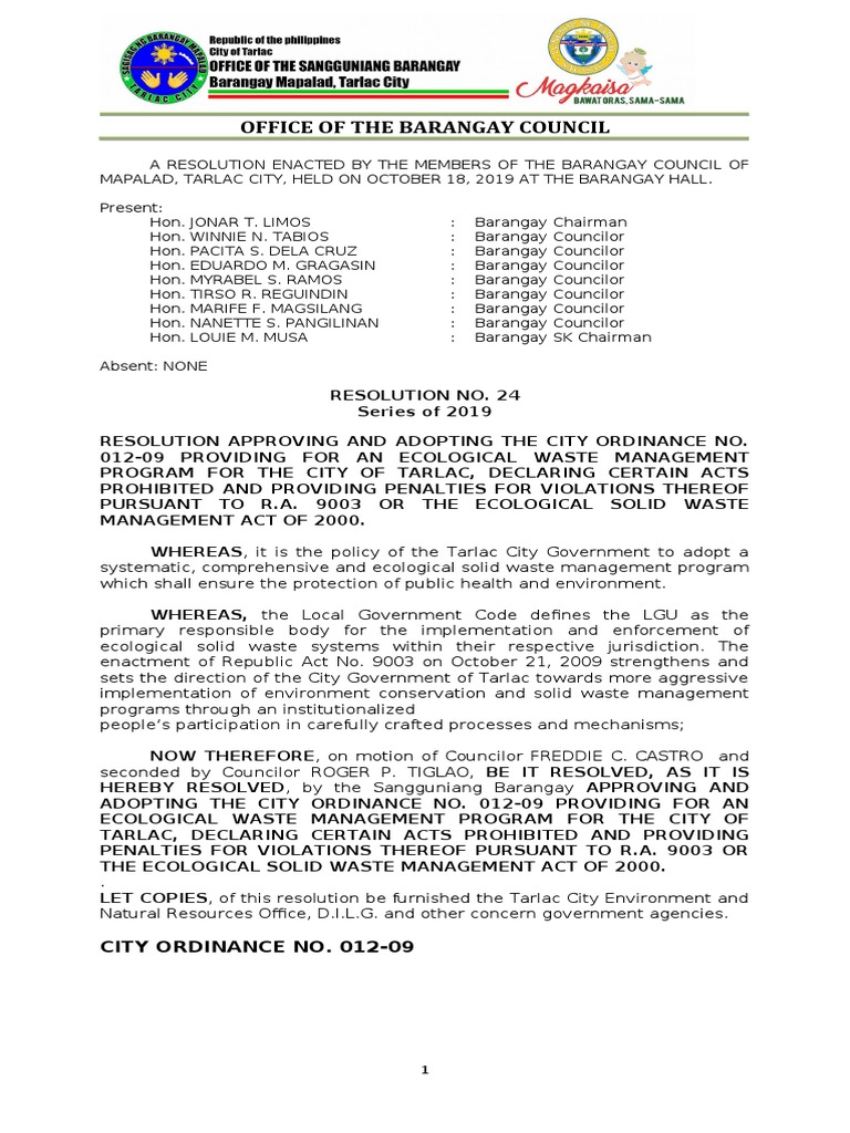Brgy Mapalad Resolution No. 24 SOlid Waste Management | PDF | Waste ...