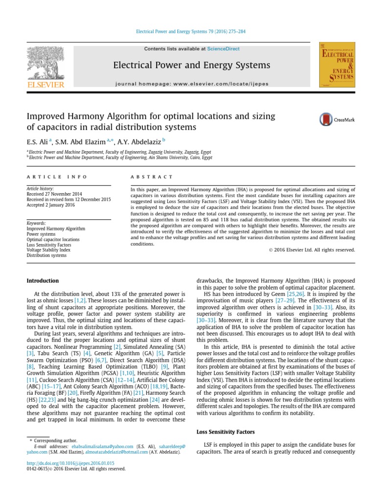 (2016) Improved Harmony Algorithm For Optimal Locations and Sizing of Capacitors in Radial ...