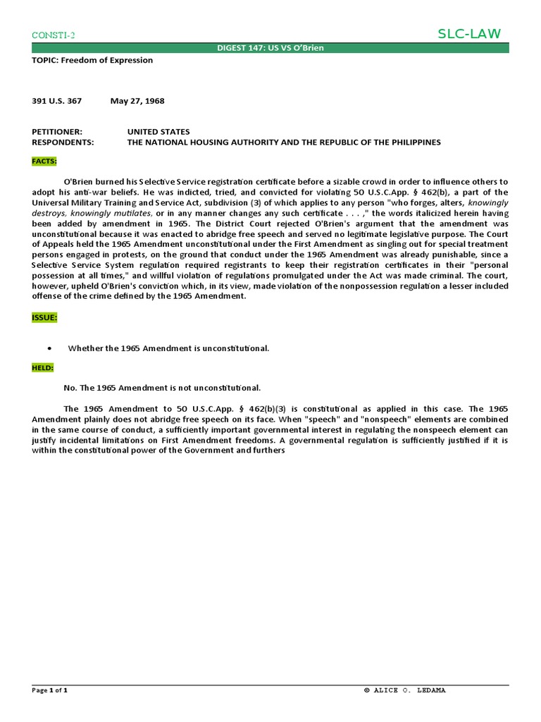 CONSTI-2 - DIGEST - 147 - US Vs O'Brien | PDF | United States V. O ...