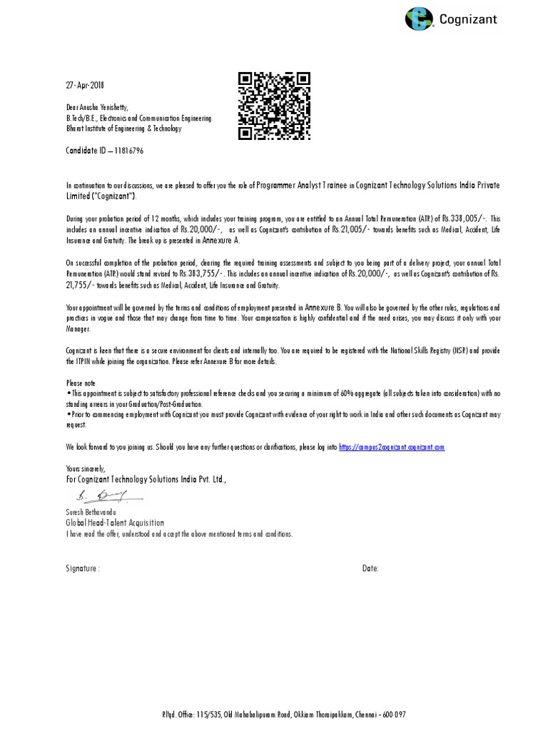 Cognizant offer letter for Anusha Yenishetty | PDF | Payroll | Salary