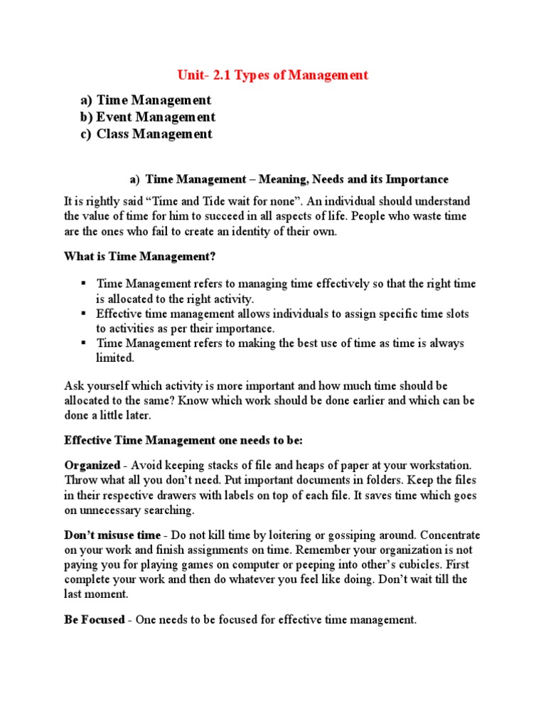 A) Time Management B) Event Management C) Class Management: Unit-2.1 ...