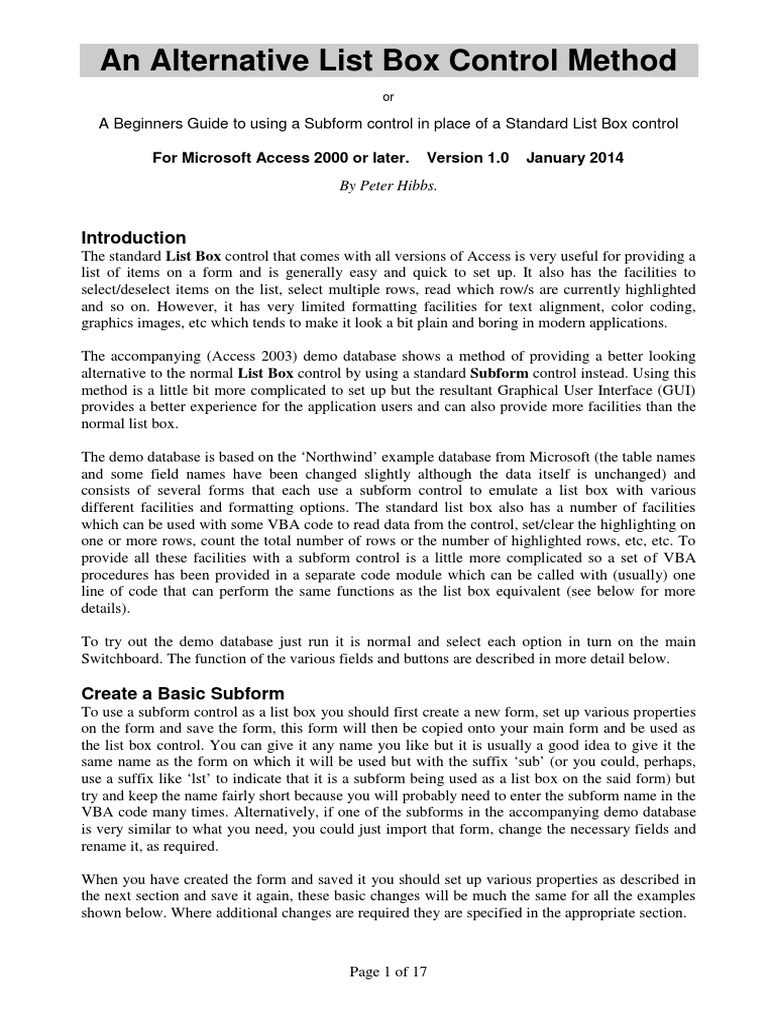 Alternative List Box Control User Manual | PDF | Subroutine | Database ...