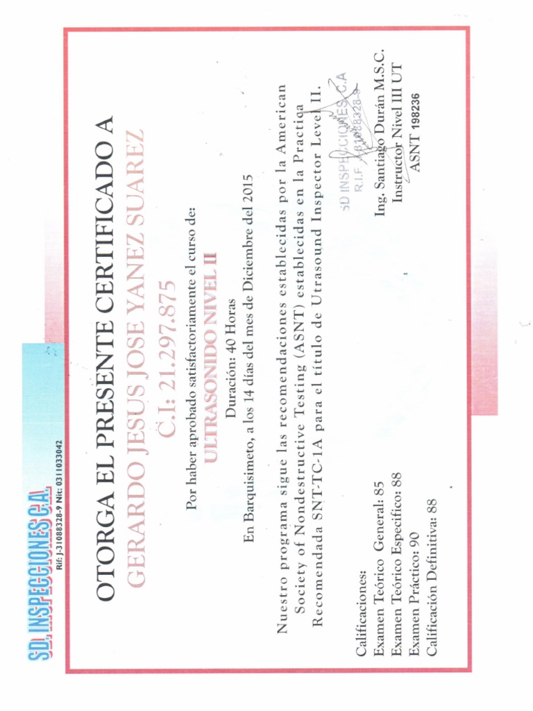 Certificado Ultrasonido Nivel Ii PDF | PDF