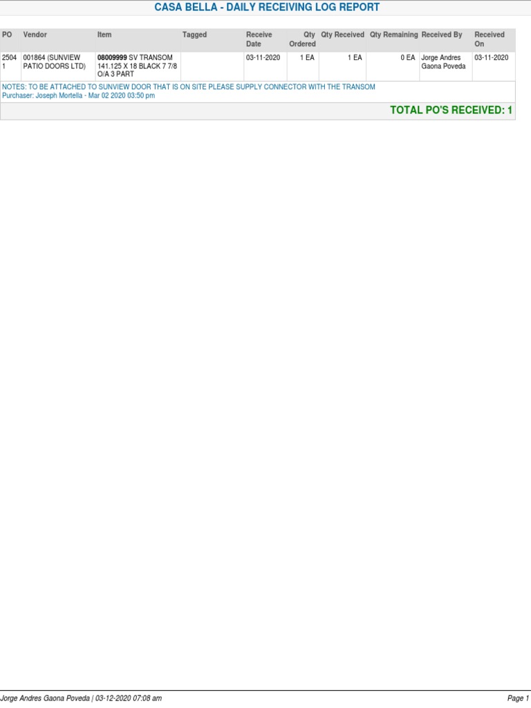 Daily Receiving Log PDF | PDF