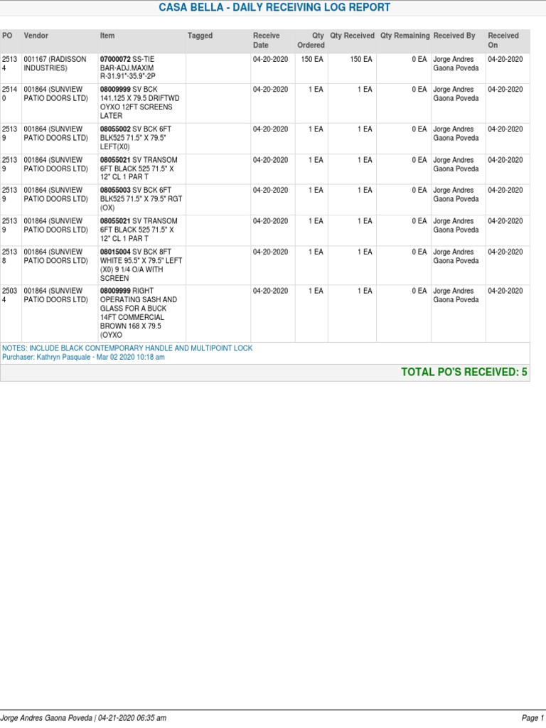 Daily Receiving Log | PDF