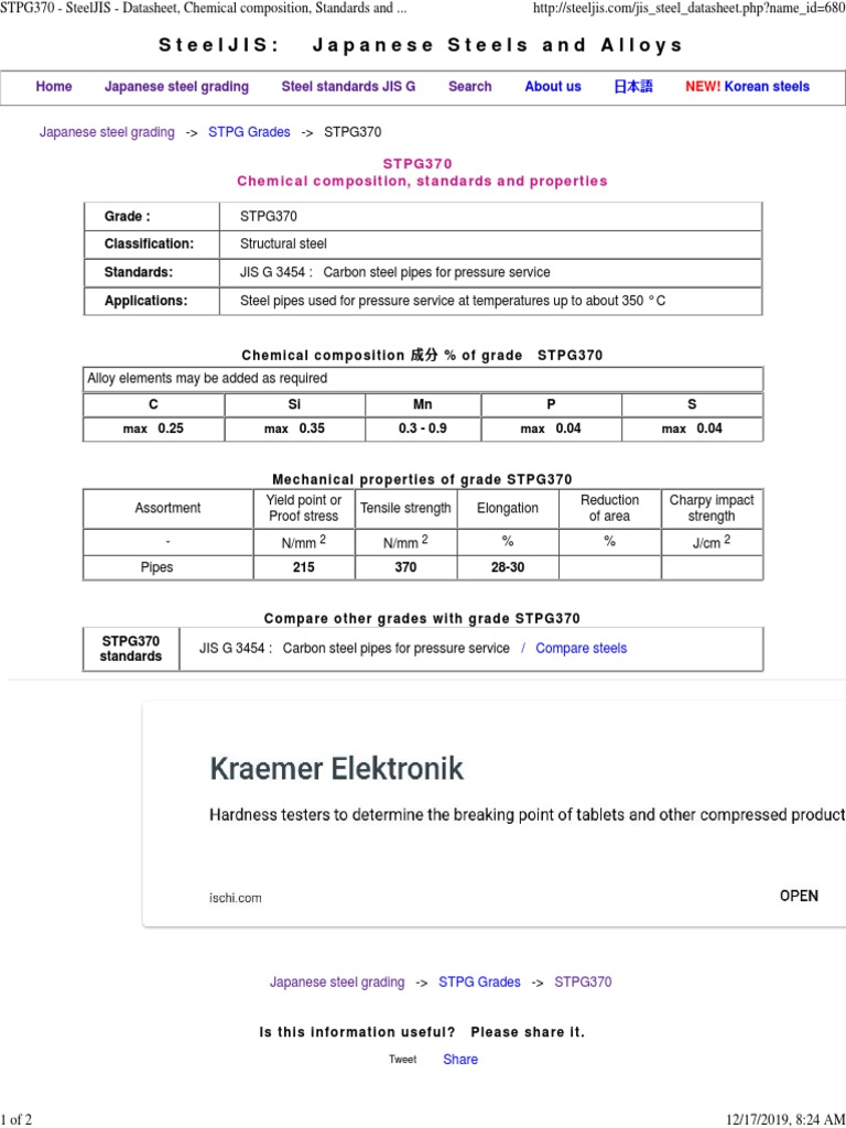 STPG370 - SteelJIS - Datasheet, Chemical Composition, Standards and ...
