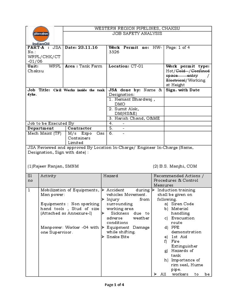 Part-A: Jsa Date: 23.11.16 Work Permit no: HW-: Civil Works inside the ...
