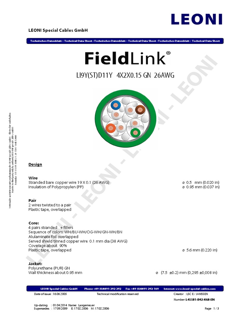 LEONI Special Cables Technical Data Sheet | PDF | Hertz | Decibel