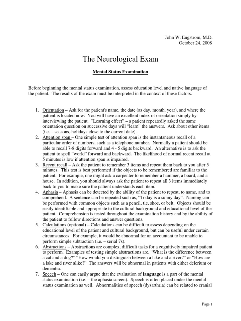 The Neurological Exam: Mental Status Examination | PDF | Meningitis ...