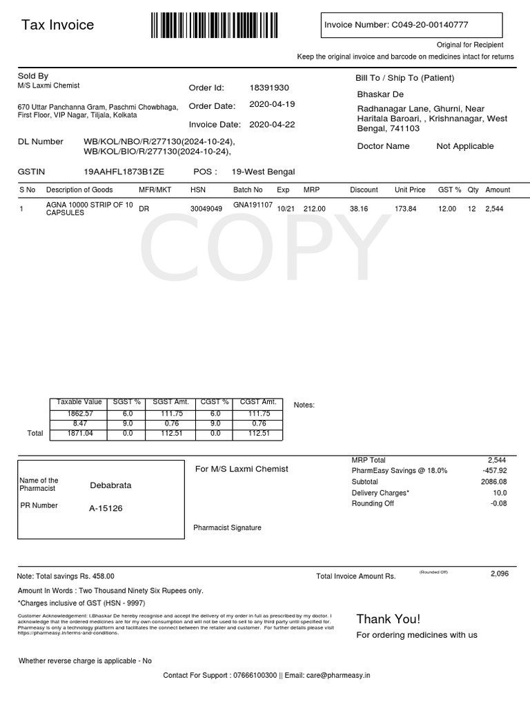 Wmcustomer 18391930 A7U CustomerInvoice PDF | PDF | Invoice | Taxation
