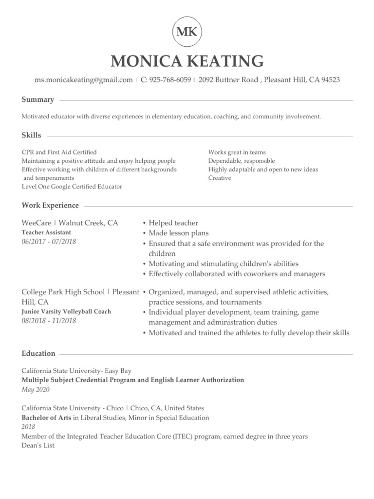 Monica Keating Educator Resume Spring 2020 | PDF | Teachers | Behavior ...