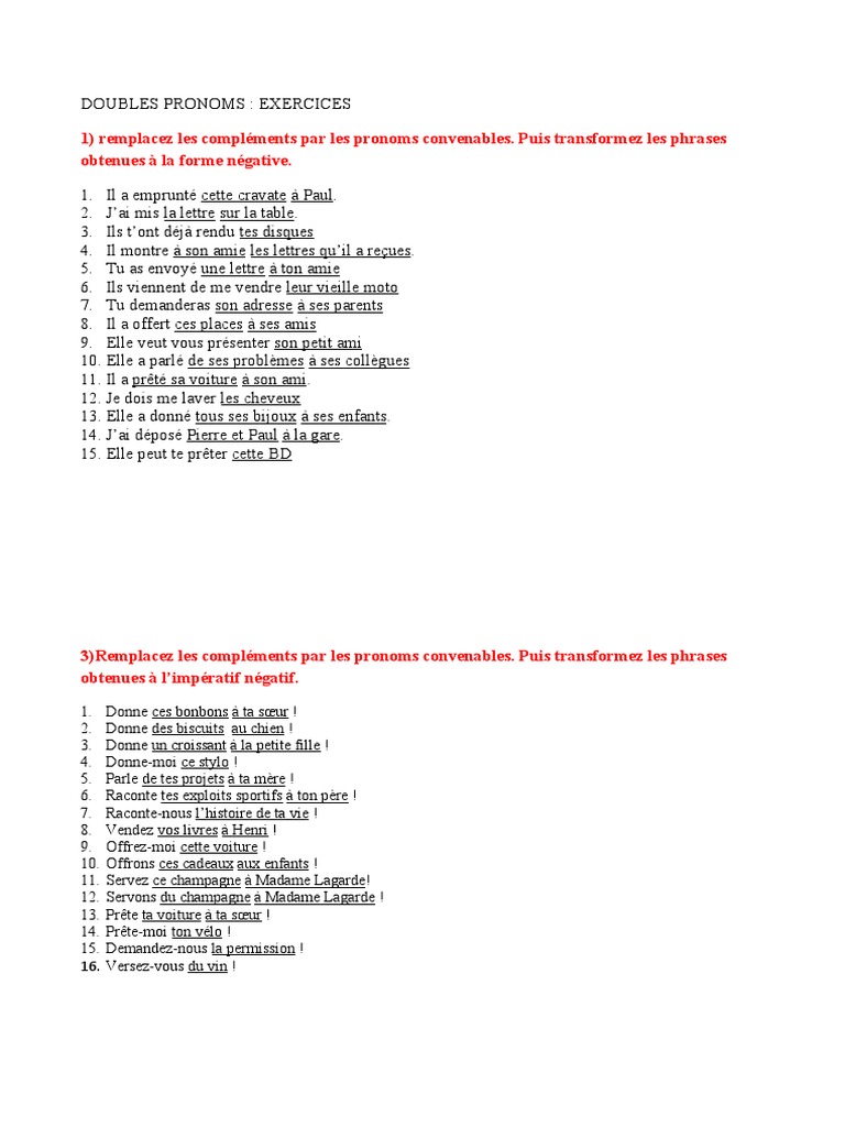 DOUBLES PRONOMS Exercices | PDF