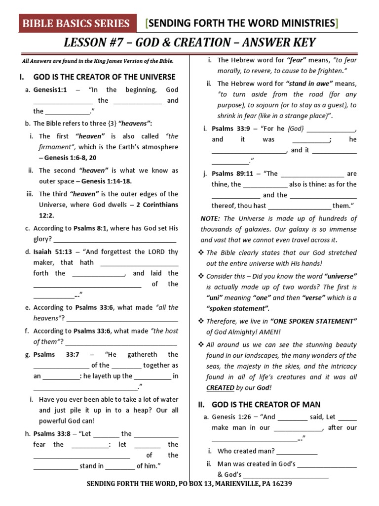Lesson #7 - God & Creation - Answer Key: Bible Basics Series | PDF ...