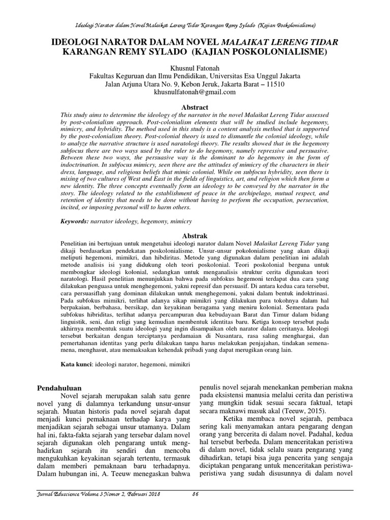 Ideologi Narator Dalam Novel Malaikat Lereng Tidar | PDF | Postcolonialism | Narrative