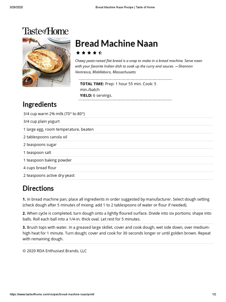 Bread Machine Naan Recipe - Taste of Home | PDF