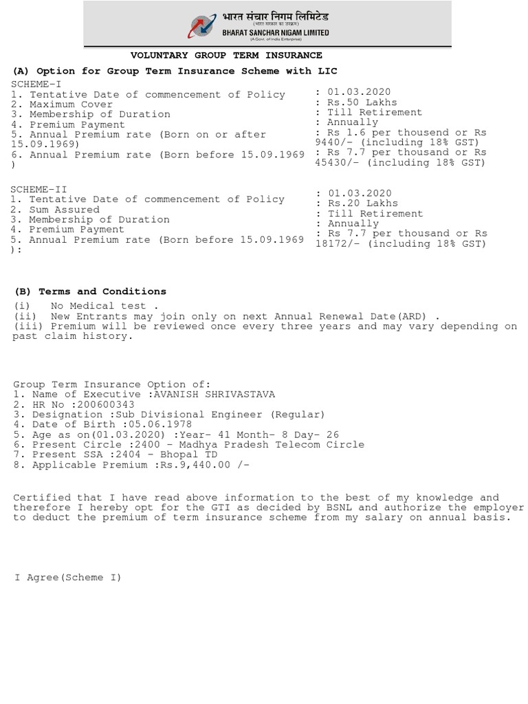 Voluntary Group Term Insurance (A) Option For Group Term Insurance ...