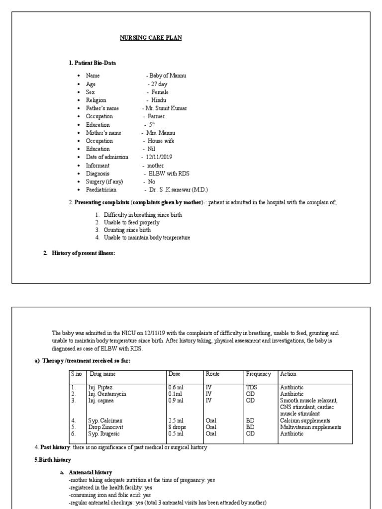 Neonatal Care Plan for a 27-Day Old Female Baby Diagnosed with Extremely Low Birth Weight and ...